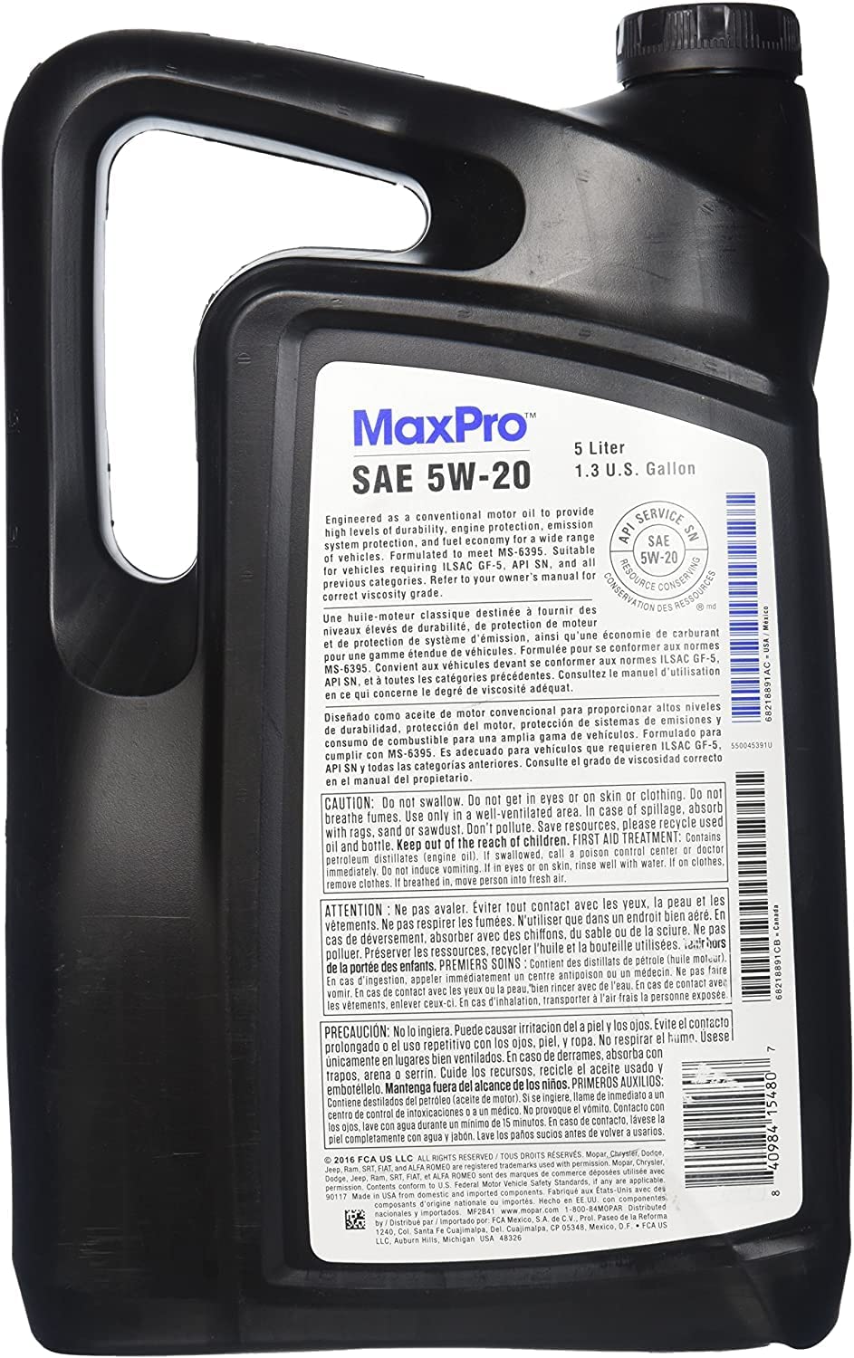 Mopar Genuine Chrysler Parts & Accessories Maxpro SAE 5W-20 Motor Oil 5-Quart (1.3 U.S. GAL)