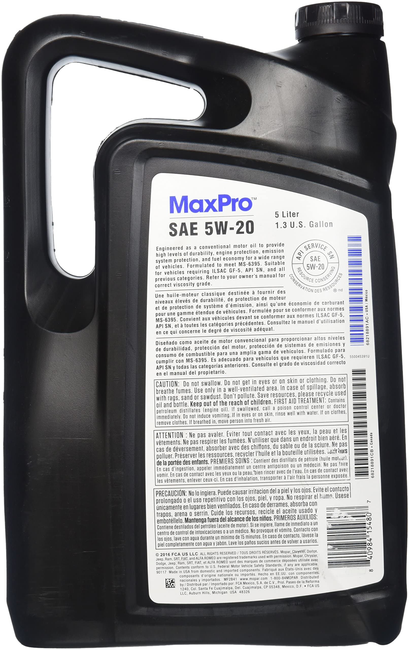 Mopar Genuine Chrysler Parts & Accessories Maxpro SAE 5W-20 Motor Oil 5-Quart (1.3 U.S. GAL)