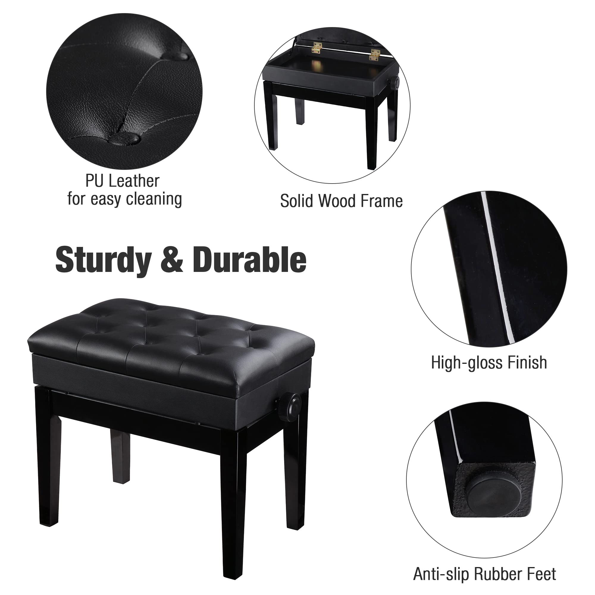 AW Adjustable Height Piano Bench Stool PU Leather Wooden Keyboard Seat with Music Storage Weight Capacity 400lbs Black