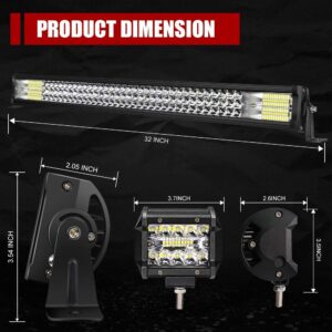 LED Light Bar TURBO SII 32 Inch 405W Triple Row Spot Flood Combo Offroad Light 2Pcs 4 Inch 60W Led Cube Pod Lights for Trucks Trailer ATV UTV Polaris RZR SUV Boats w/3-Leads Wiring Kits