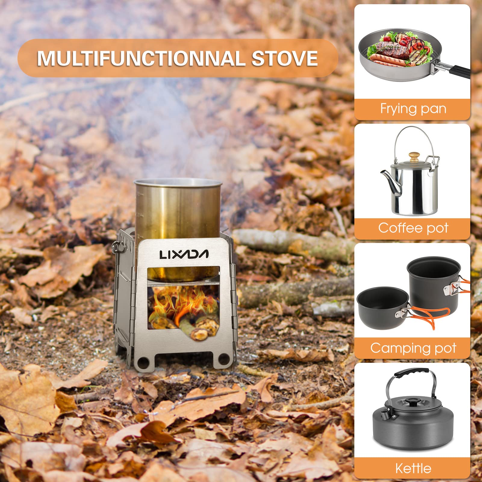 Lixada Camping Stove Stainless Steel Folding Wood Stove Portable Wood Burning Stove Pocket Stove for Outdoor Camping Cooking Picnic