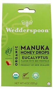 wedderspoon organic manuka honey drops, eucalyptus & bee propolis, 20 count (4oz) (pack of 1)| genuine new zealand honey | perfect remedy for dry throats