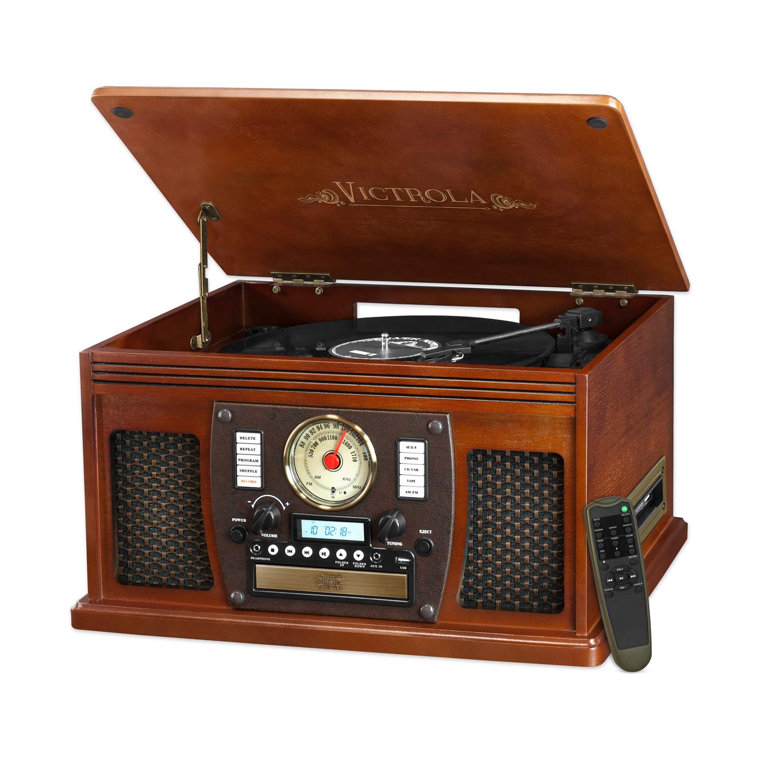 Victrola 8-in-1 Bluetooth Record Player & Multimedia Center, Built-in Stereo Speakers - Turntable, Wireless Music Streaming, Real Wood | Mahogany