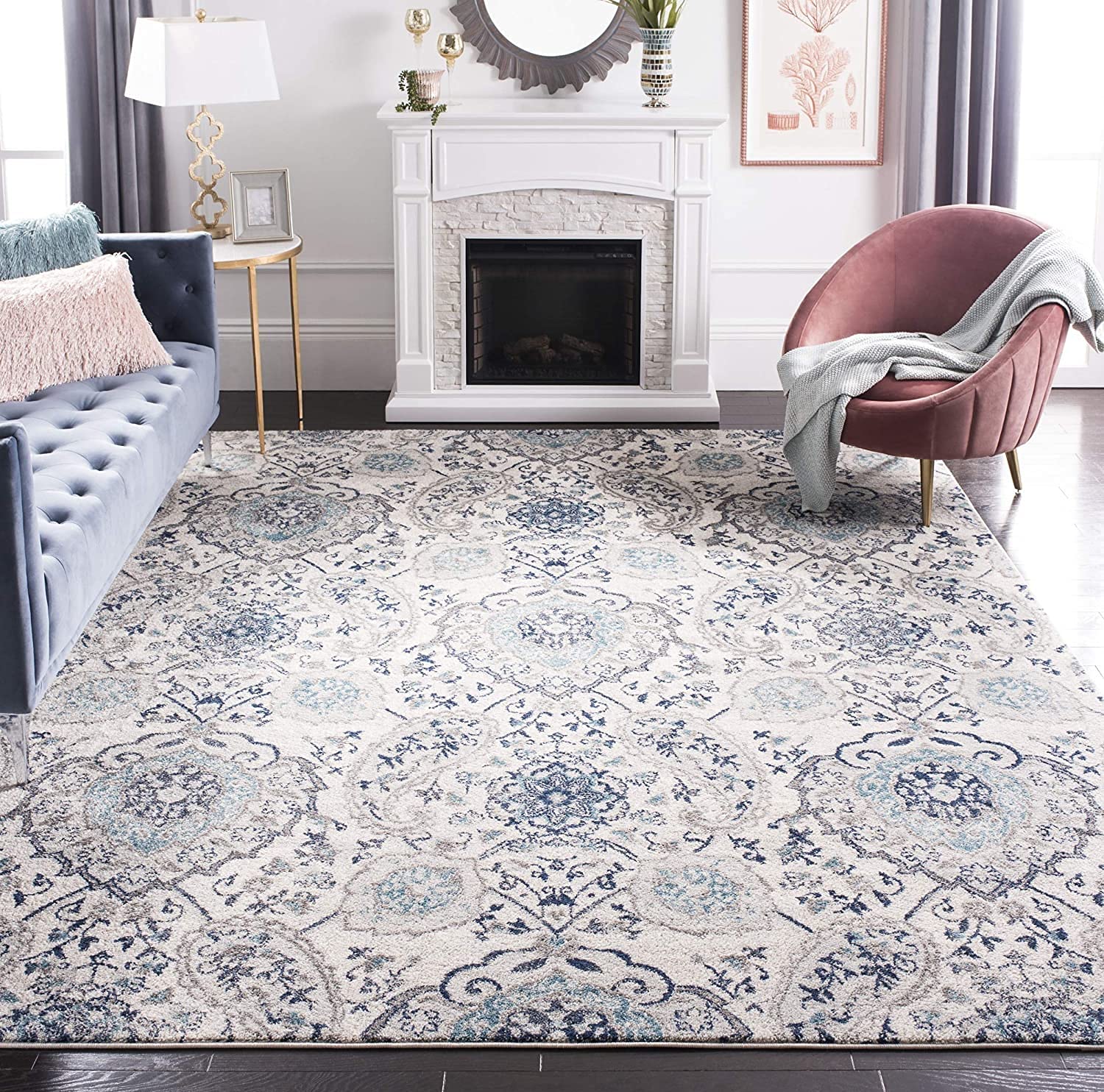 SAFAVIEH Madison Collection Area Rug - 6'7" x 9'2", Cream & Light Grey, Boho Chic Glam Paisley Design, Non-Shedding & Easy Care, Ideal for High Traffic Areas in Living Room, Bedroom (MAD600C)