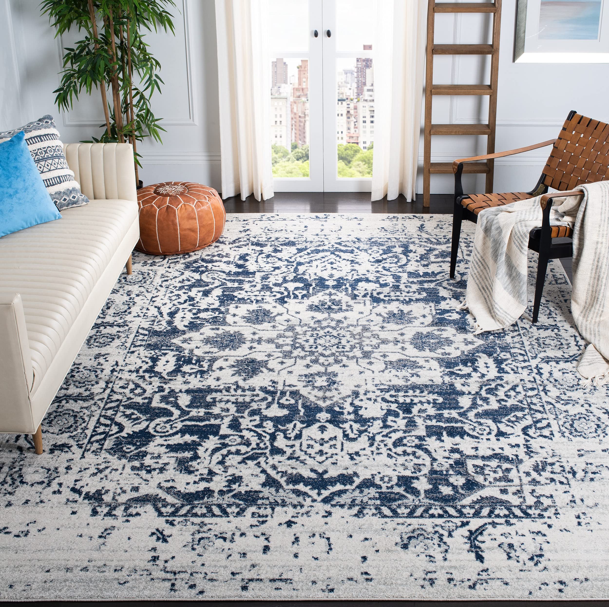 SAFAVIEH Madison Collection Area Rug - 6'7" x 9'2", Cream & Navy, Snowflake Medallion Distressed Design, Non-Shedding & Easy Care, Ideal for High Traffic Areas in Living Room, Bedroom (MAD603D)