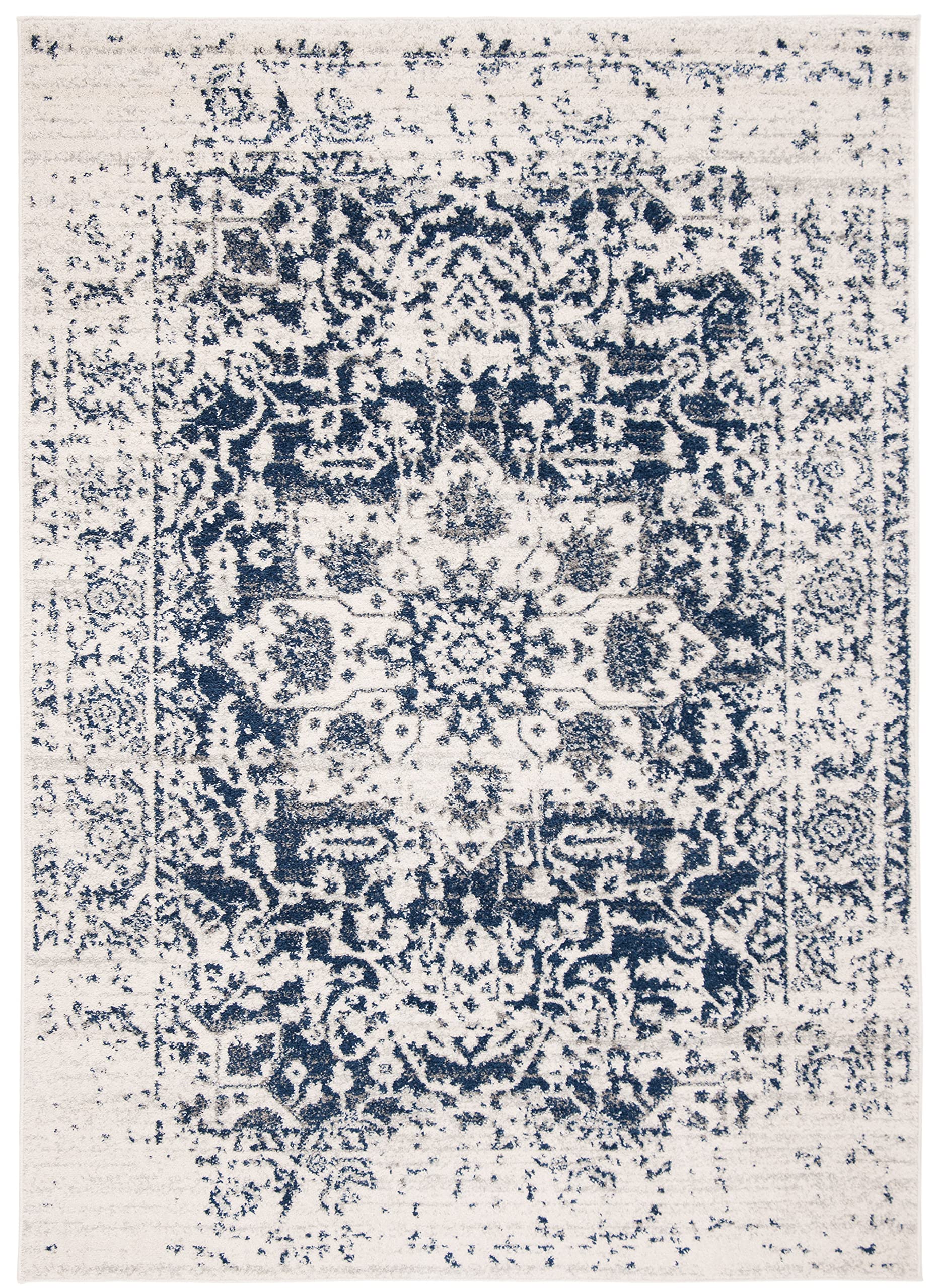 SAFAVIEH Madison Collection Area Rug - 6'7" x 9'2", Cream & Navy, Snowflake Medallion Distressed Design, Non-Shedding & Easy Care, Ideal for High Traffic Areas in Living Room, Bedroom (MAD603D)