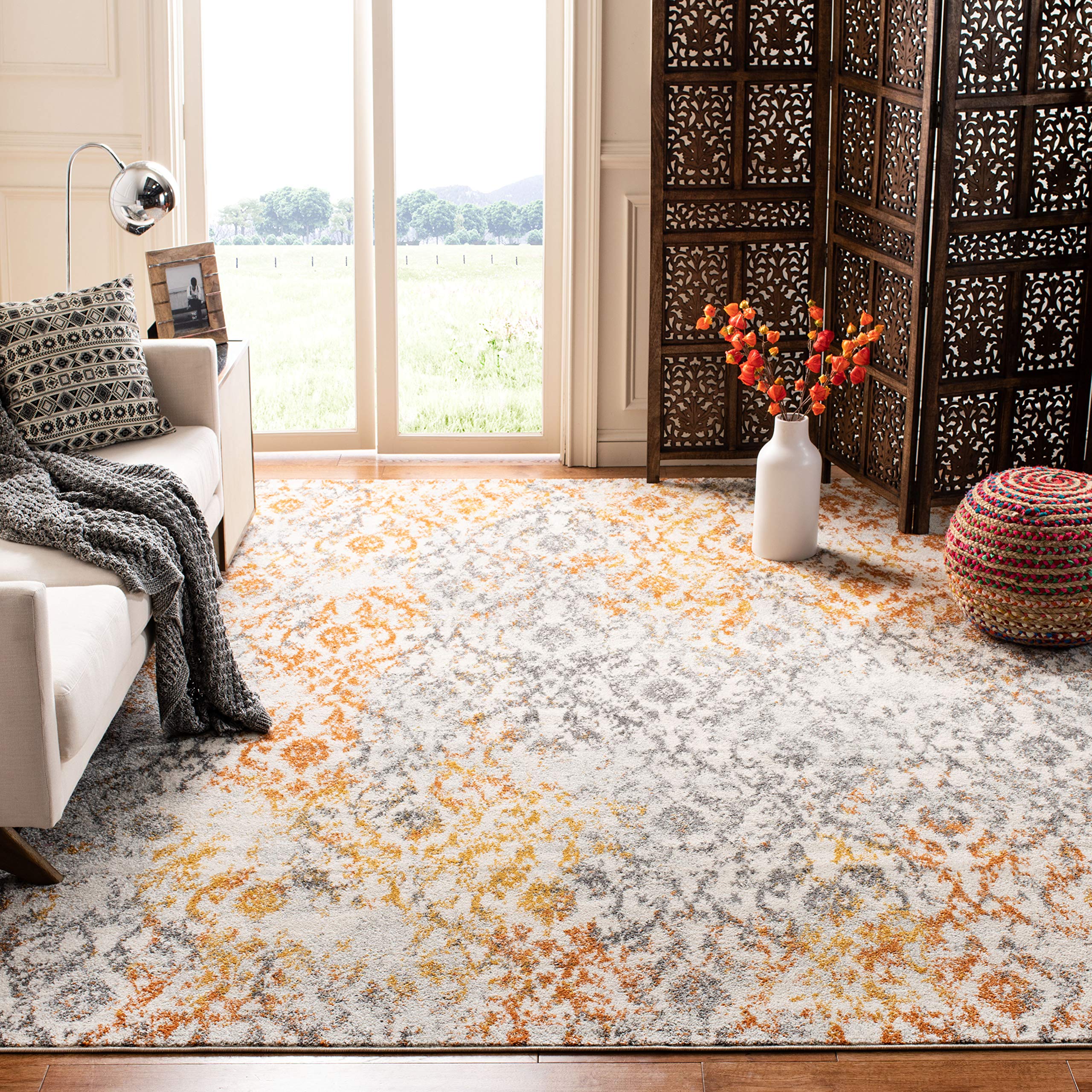 SAFAVIEH Madison Collection 9' x 12' Cream Orange MAD608K Boho Chic Distressed Non-Shedding Living Room Bedroom Dining Home Office Area Rug