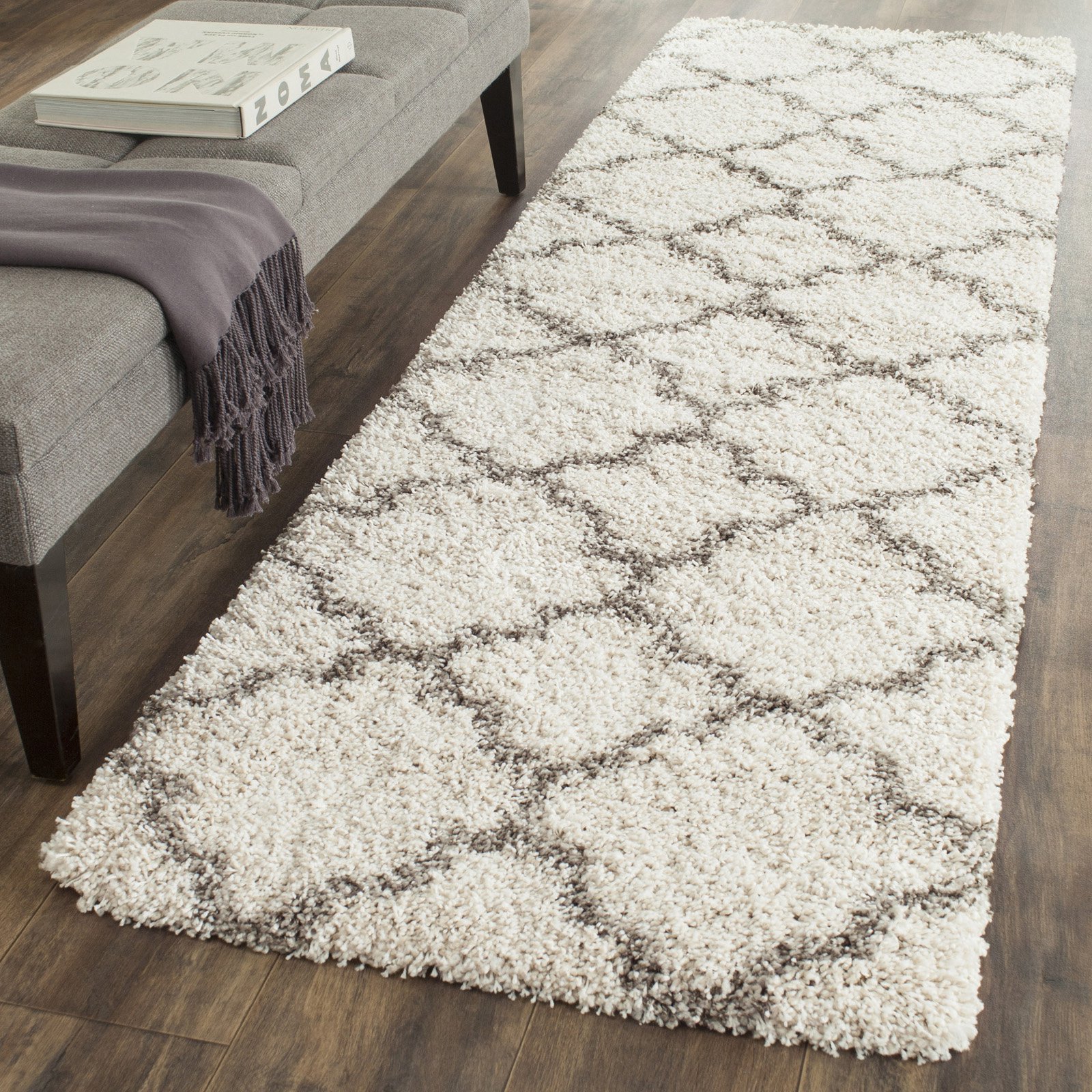 SAFAVIEH Hudson Shag Collection Runner Rug - 2'3" x 6', Ivory & Grey, Moroccan Trellis Design, Non-Shedding & Easy Care, 2-inch Thick Ideal for High Traffic Areas in Living Room, Bedroom (SGH282A)