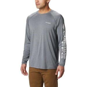 columbia men's terminal tackle heather long sleeve shirt, charcoal hthr/cool grey logo, large