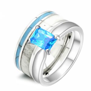 kingsway jewelry 2 pc natural deer antler ring with turquoise inlay cubic zirconia engagement ring - womens wedding ring stainless steel sterling silver ring (9)