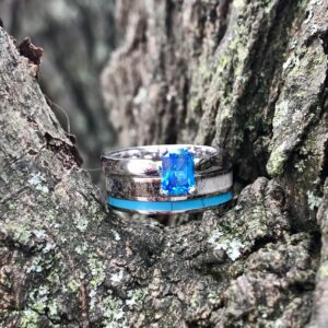 Kingsway Jewelry 2 pc Natural Deer Antler Ring with Turquoise Inlay Cubic Zirconia Engagement ring - Womens Wedding Ring Stainless Steel Sterling Silver Ring (9)