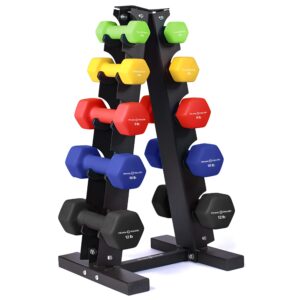 fitness republic solid steel dumbbell rack holder, a-frame dumbbell storage racks, dumbbells tower for home gym exercise, neoprene dumbbells pairs (3lb, 5lb, 8lb, 10lb, 12lb) with 5 tier rack combo