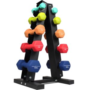 fitness republic neoprene workout dumbbells 5 pairs (2,4,6,8,10)lb + 5 tier rack- non slip, anti roll exercise & fitness dumbbells combo - 2.00mm thick rack with 230 lb capacity - ideal for home and