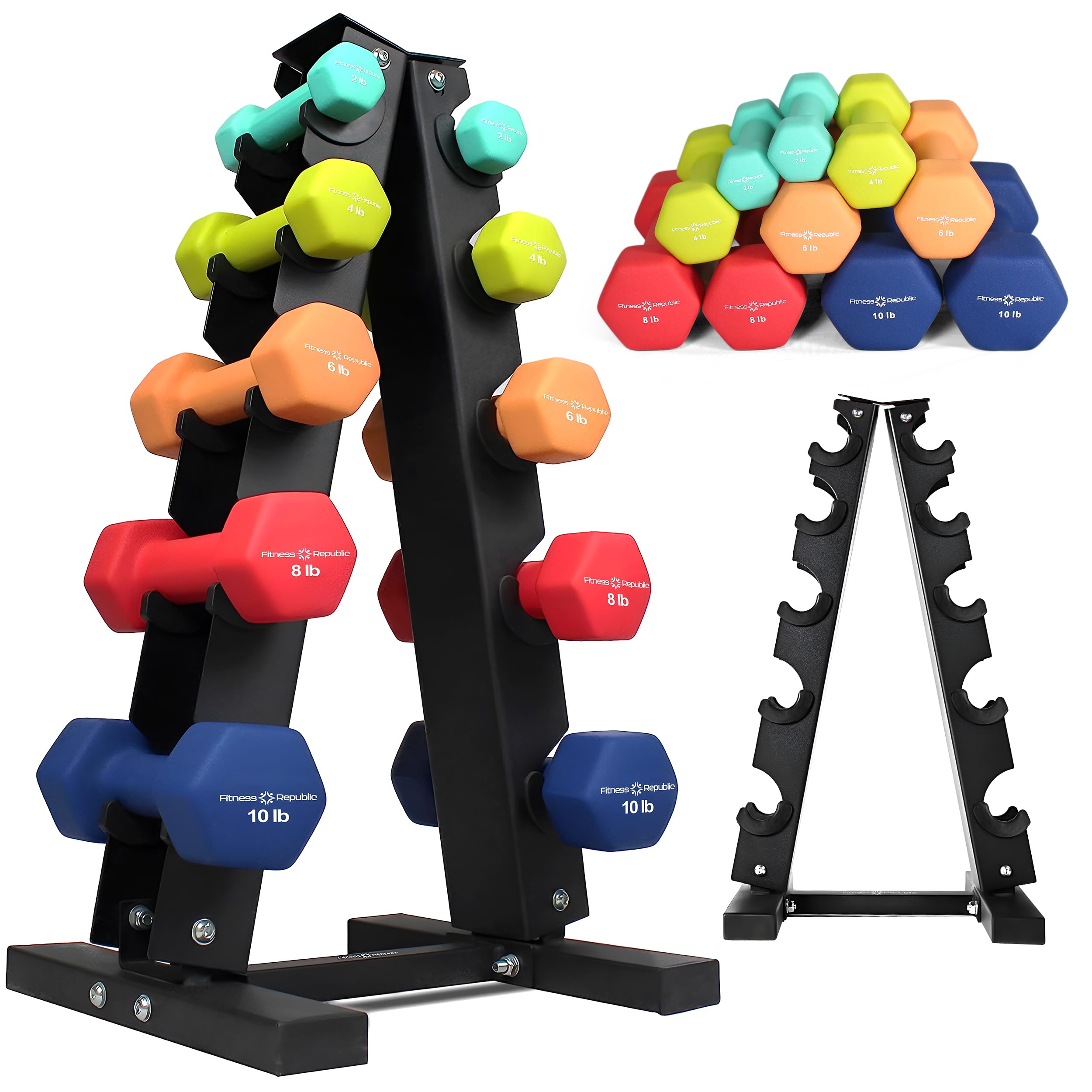 Fitness Republic Neoprene Workout Dumbbells 5 Pairs (2,4,6,8,10)LB + 5 Tier Rack- Non Slip, Anti Roll Exercise & Fitness Dumbbells Combo - 2.00MM Thick Rack with 230 LB Capacity - Ideal for Home and