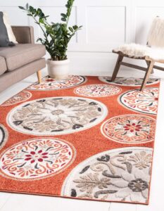 unique loom outdoor modern collection area rug (7' 1" x 10' rectangle, terracotta/ burgundy)