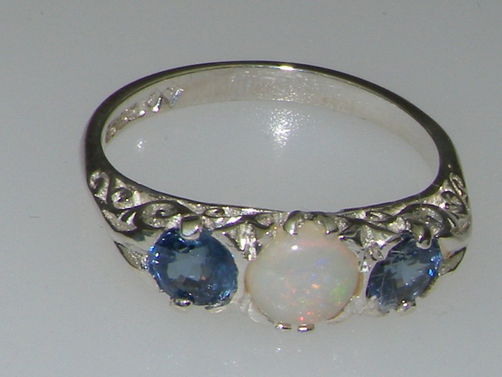 LetsBuyGold 925 Sterling Silver Natural Opal and Sapphire Womens Anniversary Ring - Size 7.25