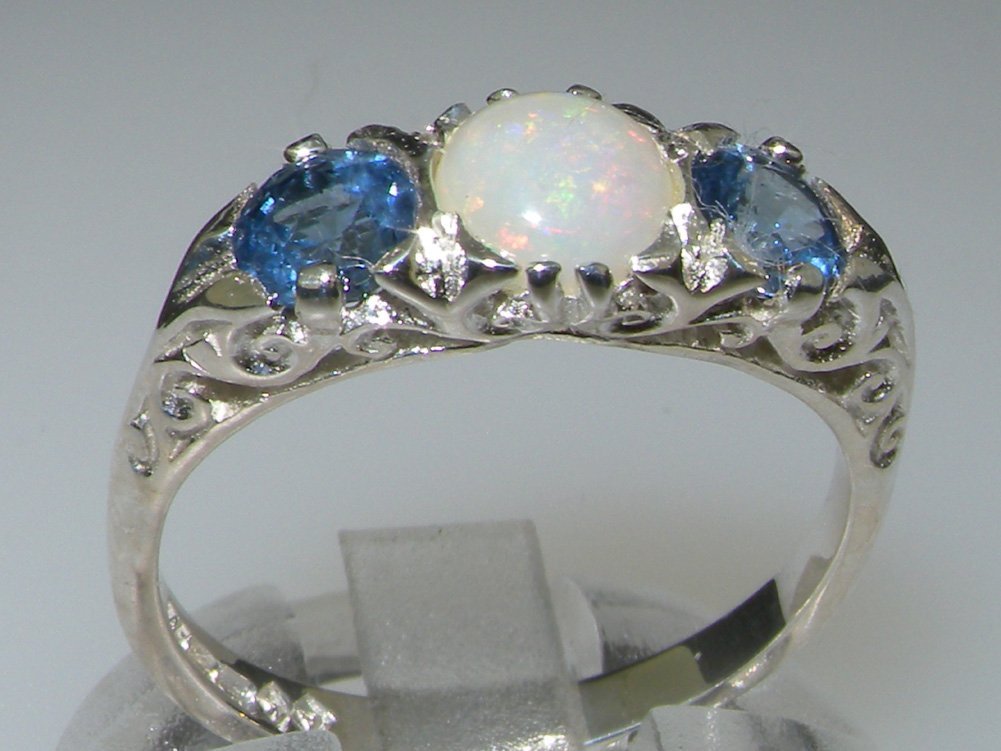 LetsBuyGold 925 Sterling Silver Natural Opal and Sapphire Womens Anniversary Ring - Size 7.25