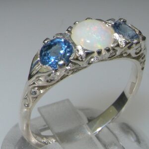 LetsBuyGold 925 Sterling Silver Natural Opal and Sapphire Womens Anniversary Ring - Size 7.25