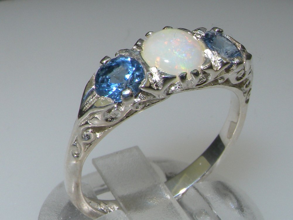 LetsBuyGold 925 Sterling Silver Natural Opal and Sapphire Womens Anniversary Ring - Size 7.25