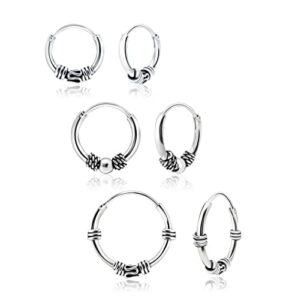 hoops & loops 925 sterling silver 10mm,12mm, 14mm balinese beaded rope lightweight endless hoop earrings for teen girls women men, 3 pairs silver