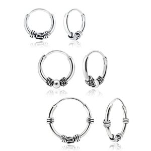 Hoops & Loops 925 Sterling Silver 10mm,12mm, 14mm Balinese Beaded Rope Lightweight Endless Hoop Earrings for Teen Girls Women Men, 3 Pairs Silver