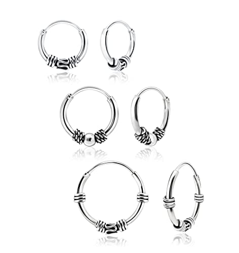 Hoops & Loops 925 Sterling Silver 10mm,12mm, 14mm Balinese Beaded Rope Lightweight Endless Hoop Earrings for Teen Girls Women Men, 3 Pairs Silver