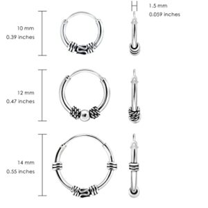 Hoops & Loops 925 Sterling Silver 10mm,12mm, 14mm Balinese Beaded Rope Lightweight Endless Hoop Earrings for Teen Girls Women Men, 3 Pairs Silver