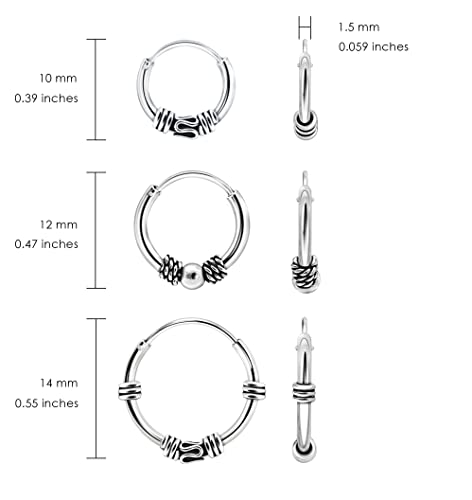 Hoops & Loops 925 Sterling Silver 10mm,12mm, 14mm Balinese Beaded Rope Lightweight Endless Hoop Earrings for Teen Girls Women Men, 3 Pairs Silver