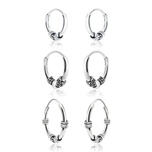 Hoops & Loops 925 Sterling Silver 10mm,12mm, 14mm Balinese Beaded Rope Lightweight Endless Hoop Earrings for Teen Girls Women Men, 3 Pairs Silver