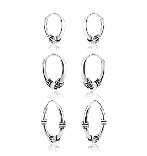 Hoops & Loops 925 Sterling Silver 10mm,12mm, 14mm Balinese Beaded Rope Lightweight Endless Hoop Earrings for Teen Girls Women Men, 3 Pairs Silver