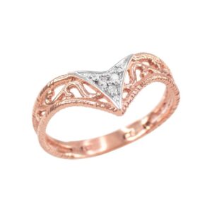 fine 10k rose gold filigree chevron diamond ring for women (size 8)