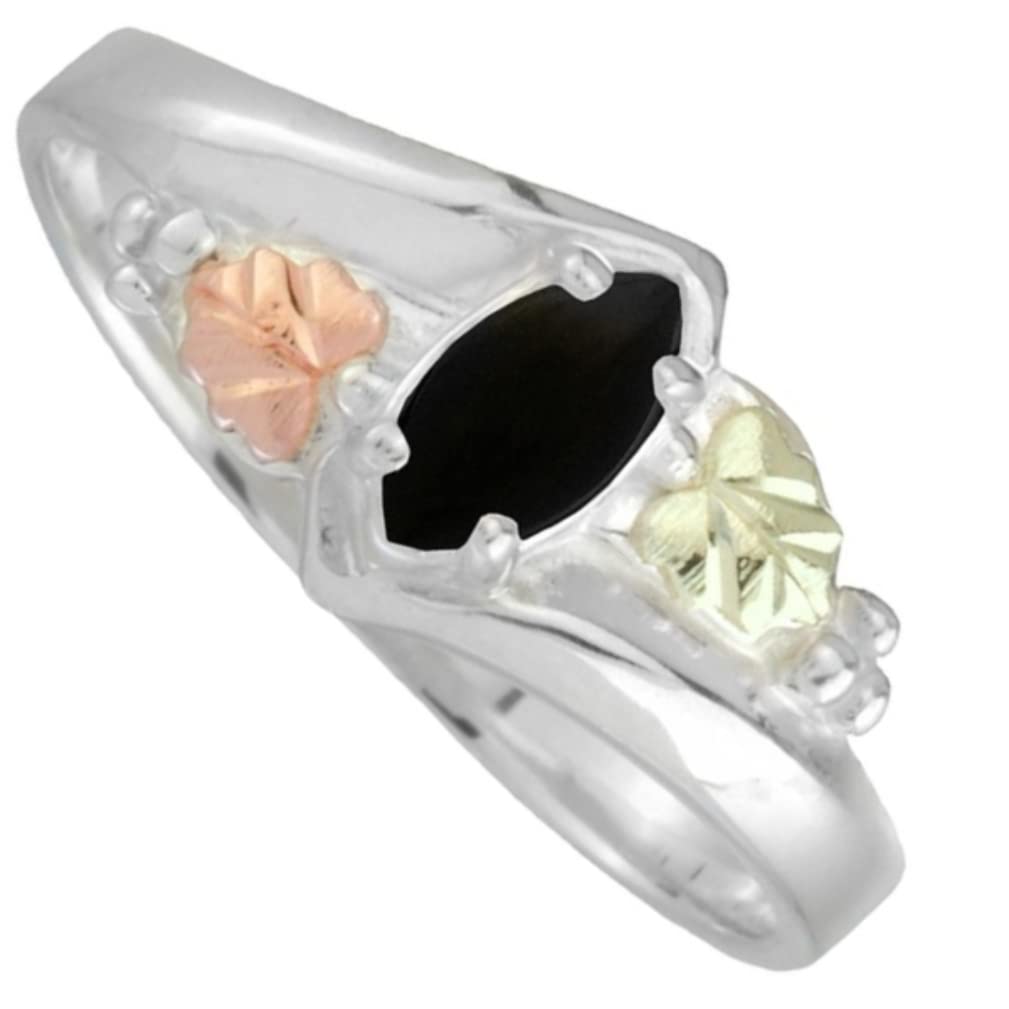 Onyx Cabochon Marquise Bypass Ring, Sterling Silver, 12k Green and Rose Black Hills Gold Size 12