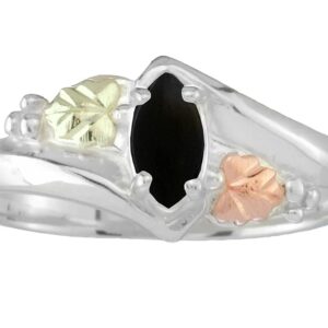 Onyx Cabochon Marquise Bypass Ring, Sterling Silver, 12k Green and Rose Black Hills Gold Size 12