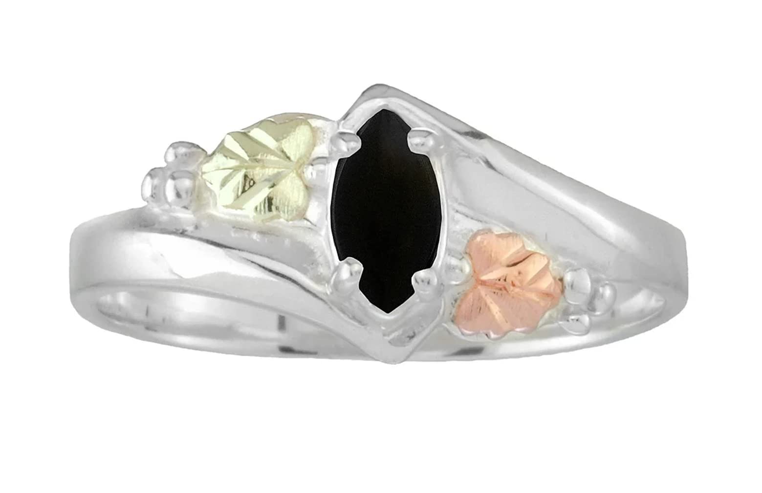 Onyx Cabochon Marquise Bypass Ring, Sterling Silver, 12k Green and Rose Black Hills Gold Size 12