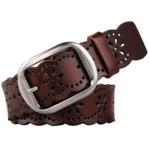 jasgood women’s hollow flower genuine cowhide leather belt with alloy buckle needs dark brown and a size waist size 26-30 inch