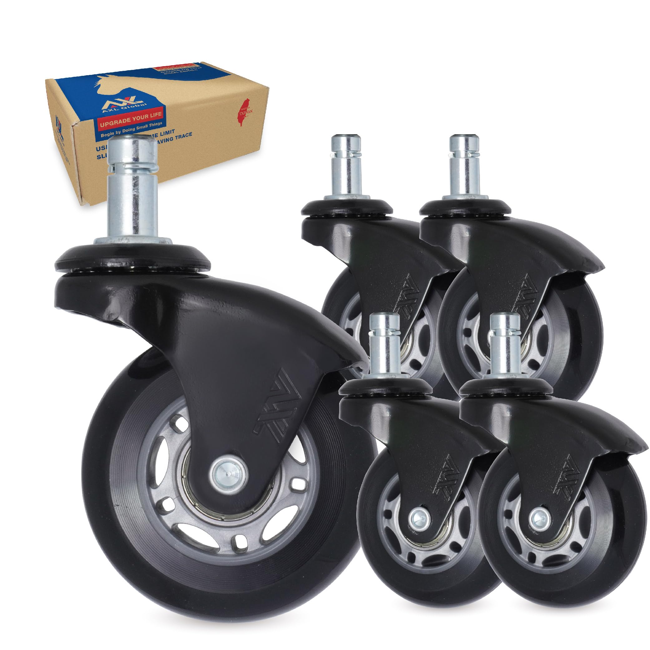 AXL 2.5 Inch Office Chair Caster Wheels Replacement, PU Style Caster, Desk Chair Floor Protector, No Noise, Heavy Duty Casters for Hardwood Floors (Set of 5) (Black Feet, Grey/Black)