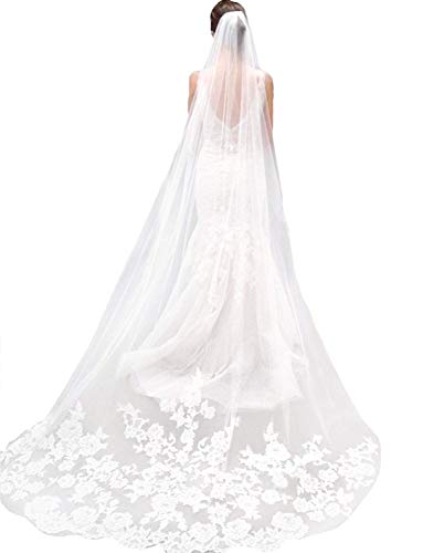 MisShow,White Lace Edge Cathedral Length Wedding Bridal Veil with Comb