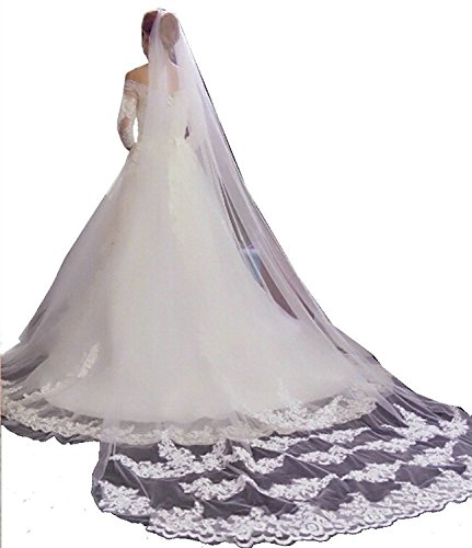 MisShow,White Lace Edge Cathedral Length Wedding Bridal Veil with Comb