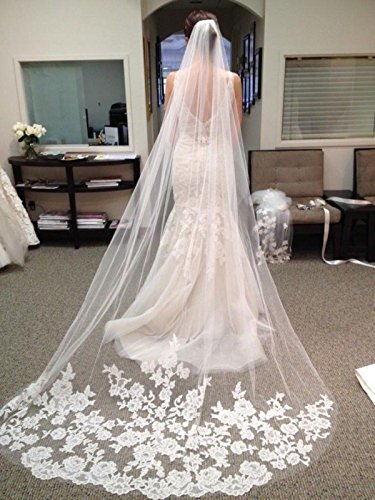 MisShow,White Lace Edge Cathedral Length Wedding Bridal Veil with Comb