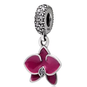 lamoony flower charm with transparent cz stone and fuschia enamel 925 sterling silver orchid pendant dangle charm for bracelet