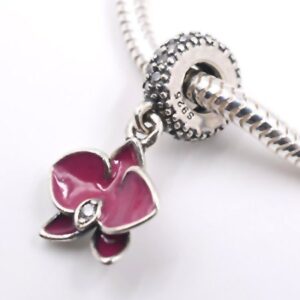 LAMOONY Flower Charm with Transparent Cz Stone and Fuschia Enamel 925 Sterling Silver Orchid Pendant Dangle Charm for Bracelet