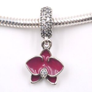 LAMOONY Flower Charm with Transparent Cz Stone and Fuschia Enamel 925 Sterling Silver Orchid Pendant Dangle Charm for Bracelet