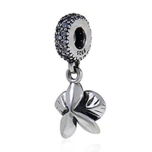 LAMOONY Flower Charm with Transparent Cz Stone and Fuschia Enamel 925 Sterling Silver Orchid Pendant Dangle Charm for Bracelet