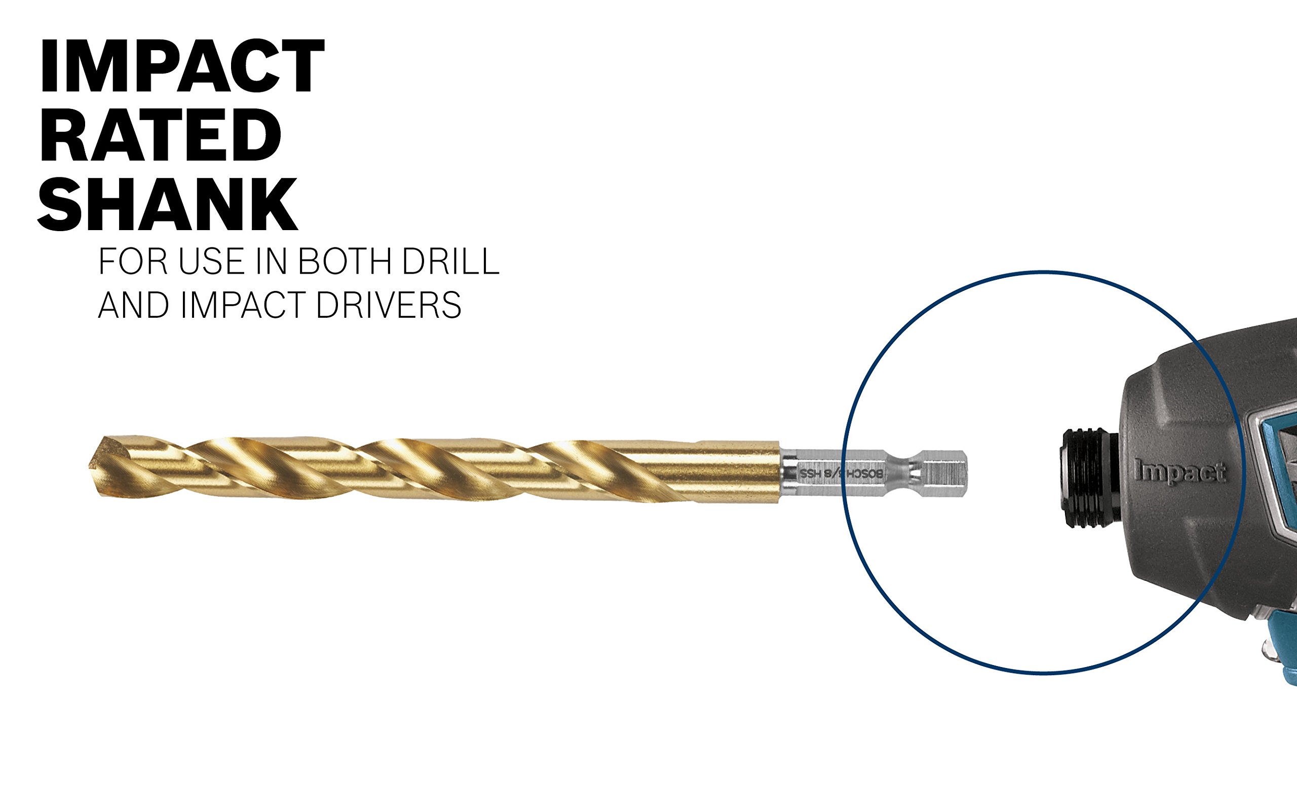 BOSCH TI2136IM 1-Piece 9/64 In. x 2-7/8 In. Titanium Nitride Coated Metal Drill Bit Impact Tough with Impact-Rated Hex Shank Ideal for Heavy-Gauge Carbon Steels, Light Gauge Metal, Hardwood