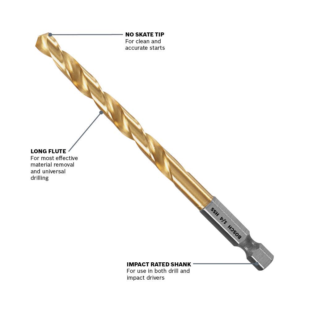 BOSCH TI2141IM 1-Piece 7/32 In. x 3-3/4 In. Titanium Nitride Coated Metal Drill Bit Impact Tough with Impact-Rated Hex Shank Ideal for Heavy-Gauge Carbon Steels, Light Gauge Metal, Hardwood