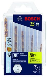 bosch ti5im 5-piece assorted set titanium nitride coated metal drill bits with included case impact tough with impact-rated hex shank ideal for heavy-gauge carbon steels, light gauge metal, hardwood