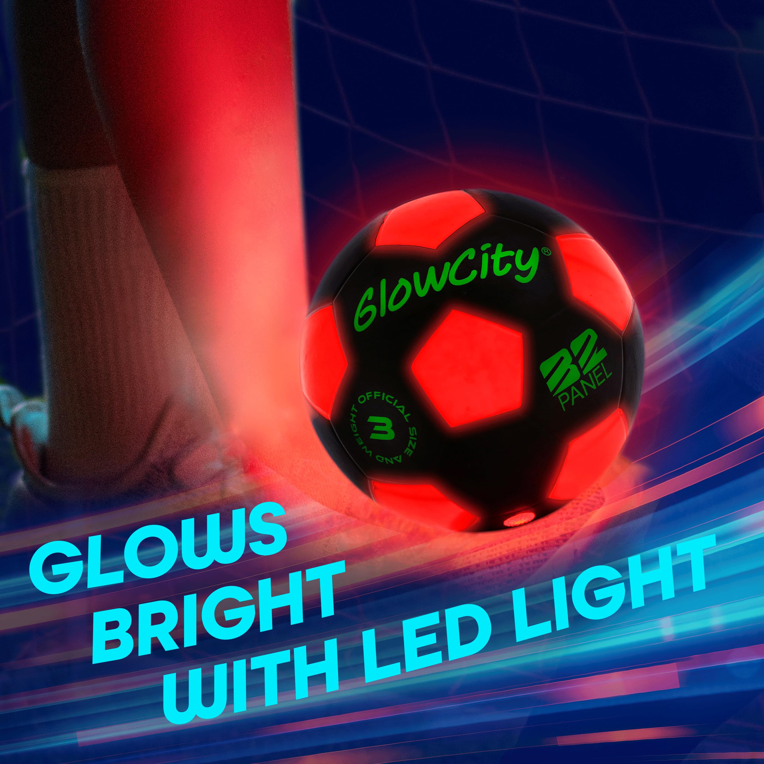 GlowCity Light Up LED Soccer Ball for Kids - Size 3, Black/Red