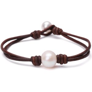 single cultured freshwater pearl bracelet handmade leather pearl jewelry for women by aobei 7'' brown