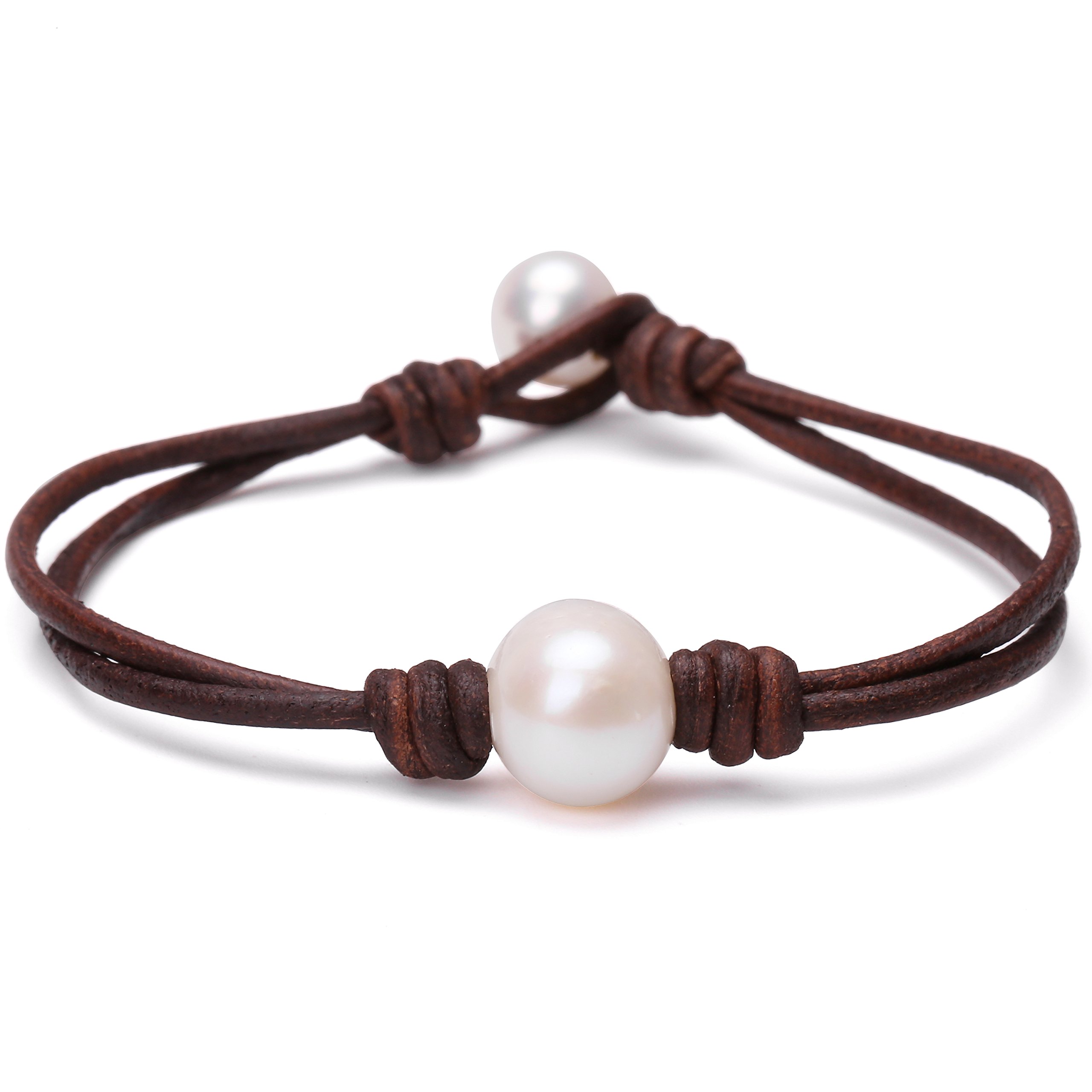 Single Cultured Freshwater Pearl Bracelet Handmade Leather Pearl Jewelry for Women by Aobei 7'' Brown