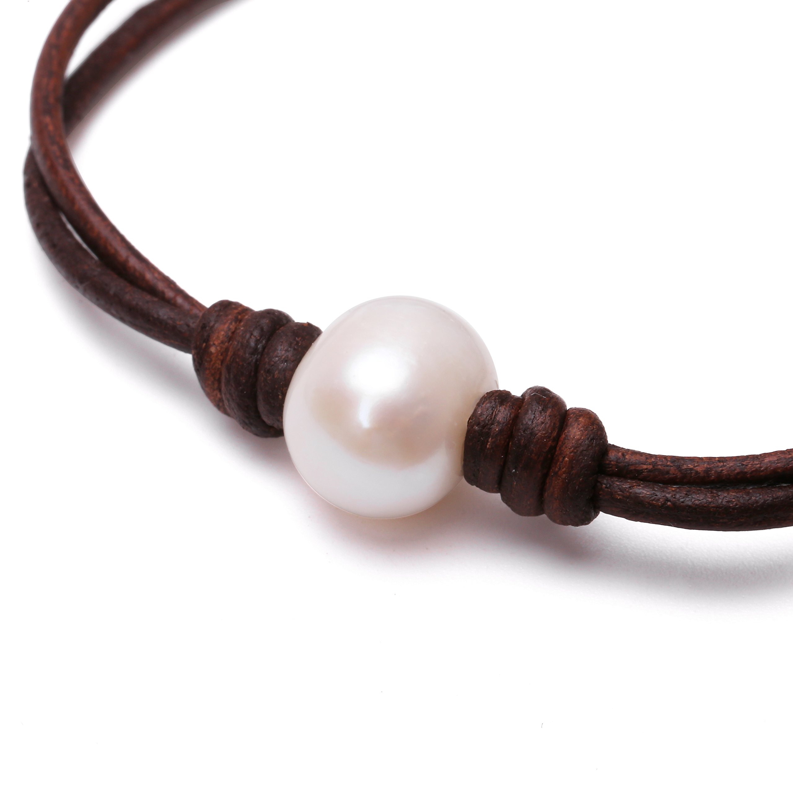 Single Cultured Freshwater Pearl Bracelet Handmade Leather Pearl Jewelry for Women by Aobei 7'' Brown